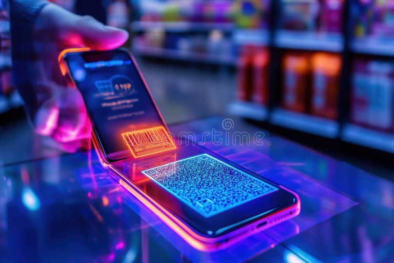 Futuristic Digital Checkout Process with Smartphone Scanning QR Code ...