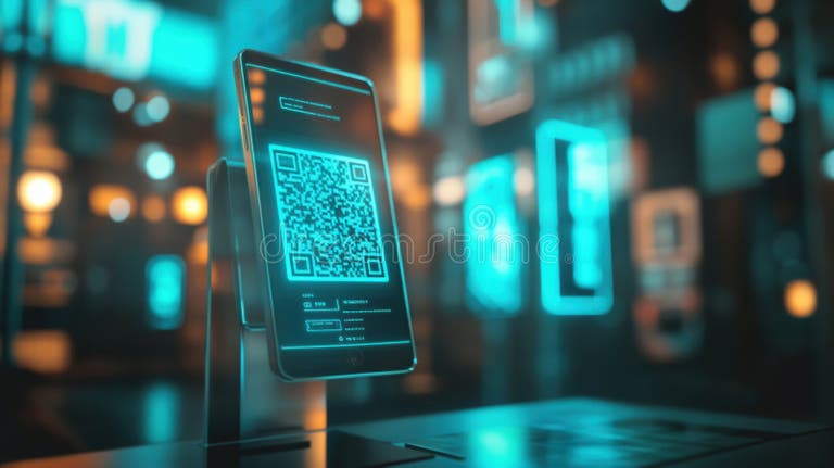 Futuristic Digital Checkout with Smartphone Scanning QR Code in ...