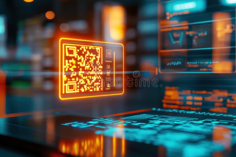 Futuristic Digital Checkout with Smartphone Scanning QR Code and ...