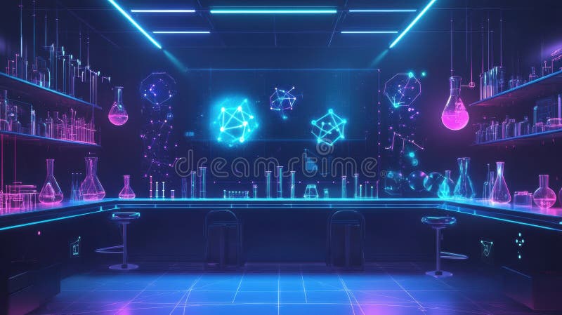 Futuristic Digital Chemistry Lab with Neon-blue Light Effects and ...