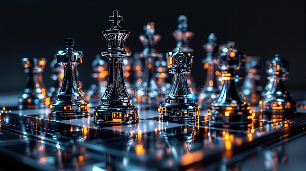 Futuristic Digital Chess Pieces with Neon Lights on High-tech Board ...