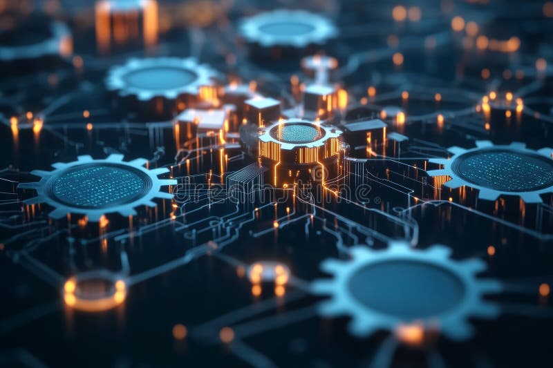 Futuristic Digital Circuit Board Design with Gears and Glowing Elements ...