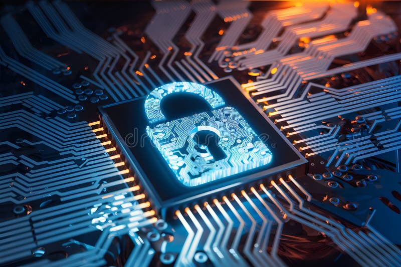 Futuristic Digital Circuit Board Design with Glowing Padlock Symbol for ... Futuristic Digital Circuit Board Design with Glowing Padlock Symbol for ...