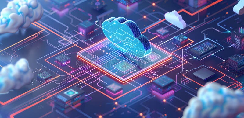 Futuristic Digital Circuit Board with a Glowing Cloud and ...