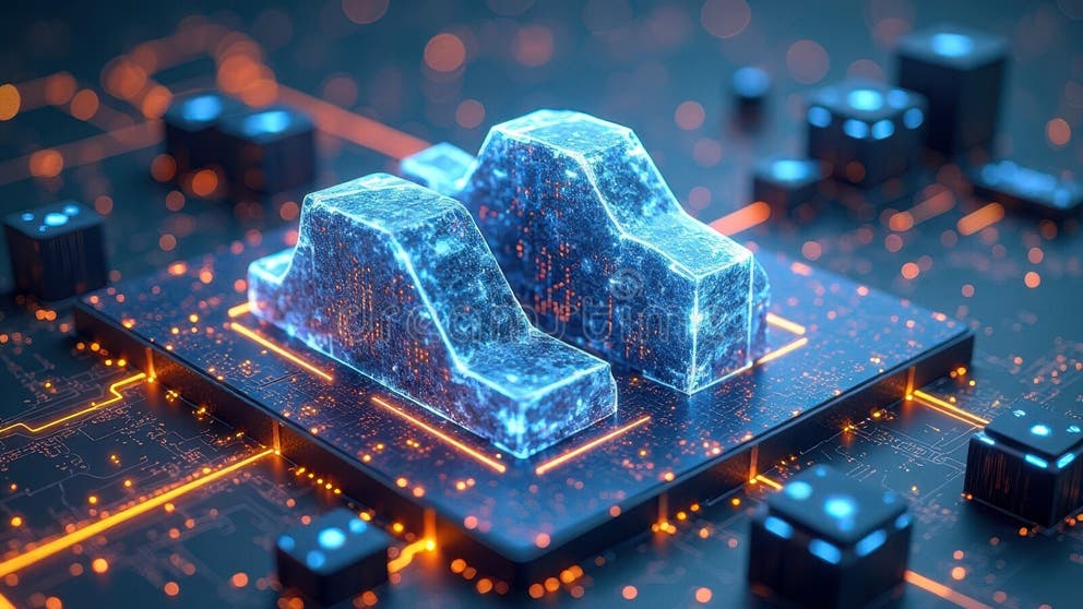 Futuristic Digital Circuit Board with Neon Blue and Orange Microchips ...