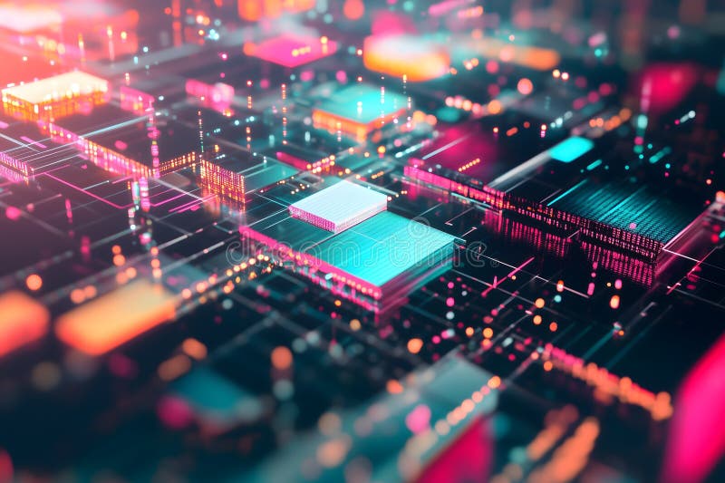 Futuristic Digital Circuit Board with Neon Lights and Geometric ...