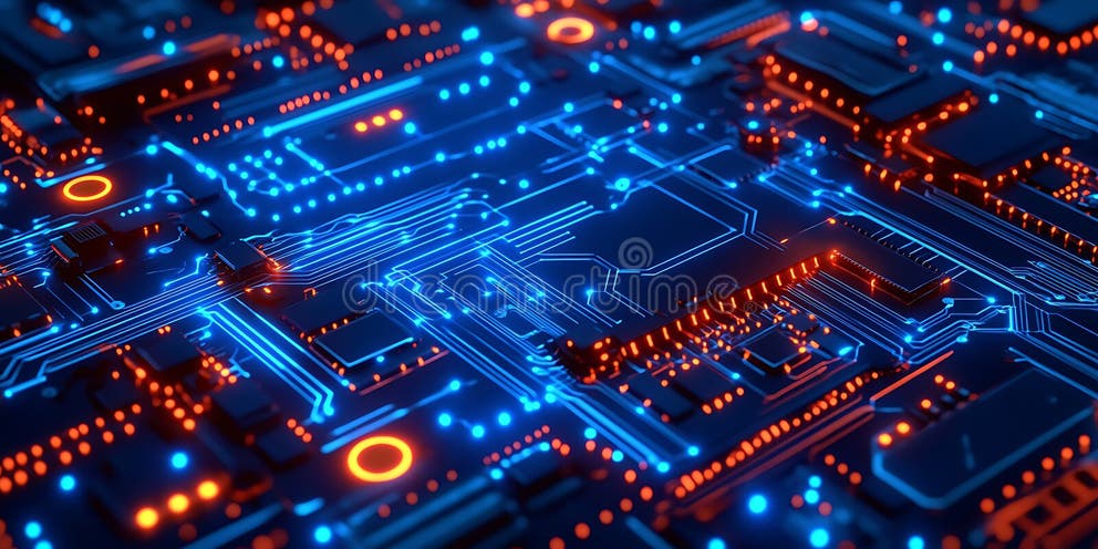 A Futuristic Digital Circuit Board in Neon Lights with Tech Elements ...
