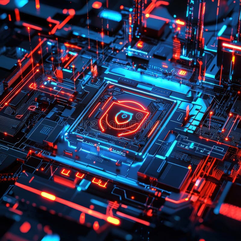 Futuristic Digital Circuit Board with Vibrant Blue and Red Lights ...