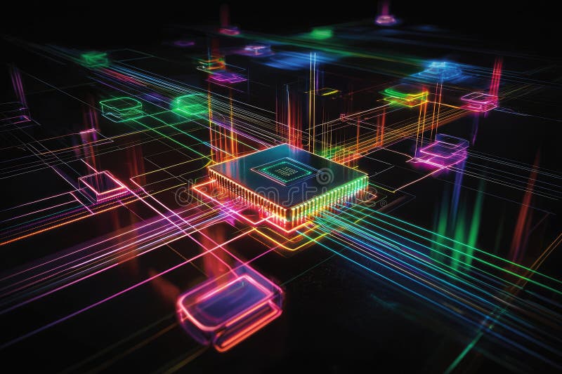 Futuristic Digital Circuit Board with Vibrant Light Trails and Colorful ...