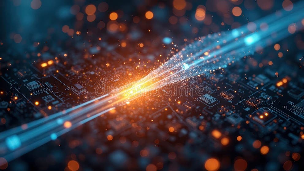 Futuristic Digital Circuit with Glowing Data Stream and Sparkling ...