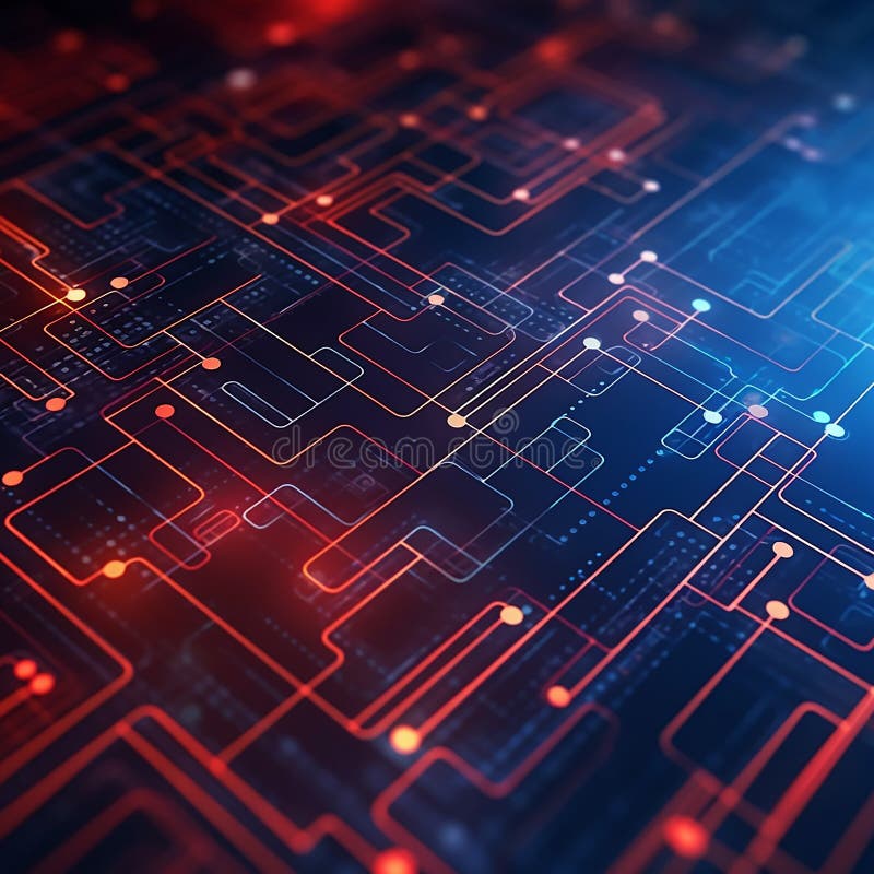 Futuristic Digital Circuit Network Blue and Red Lights Stock ...