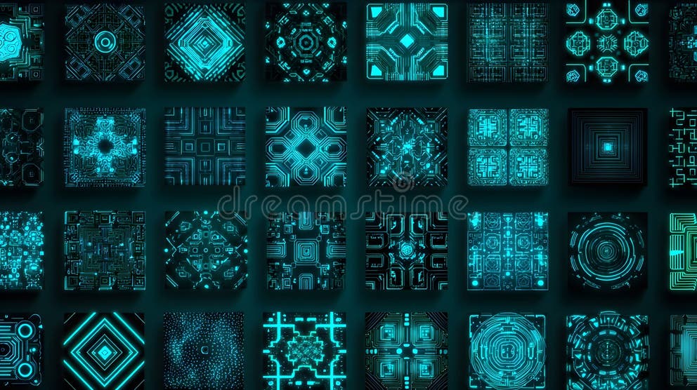 Futuristic Digital Circuit Pattern in Bright Cyan and Black Geometric ...