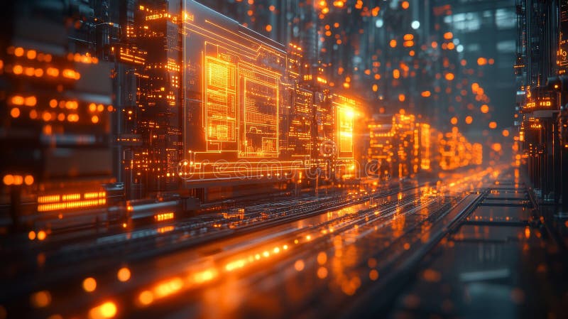 Futuristic Digital City with Glowing Orange Circuits Stock Illustration ...