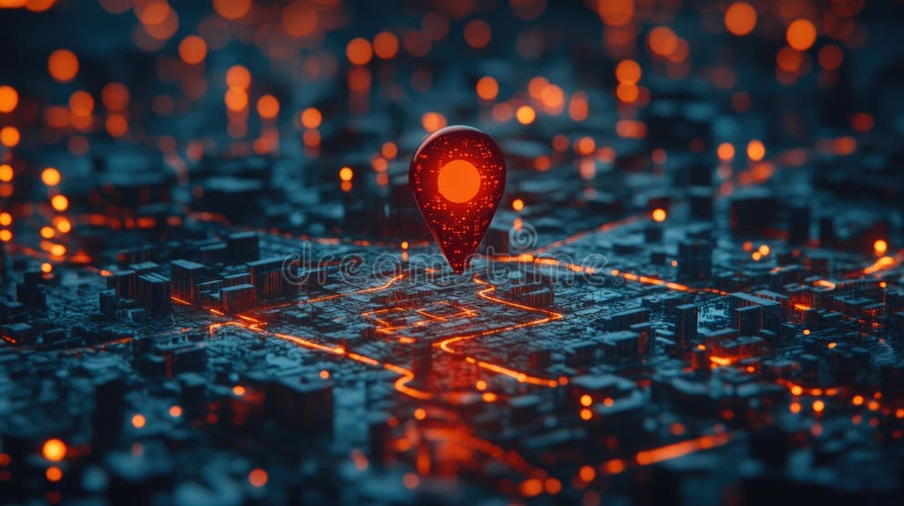 Futuristic Digital City Map with Glowing Red Navigation Marker Stock ...