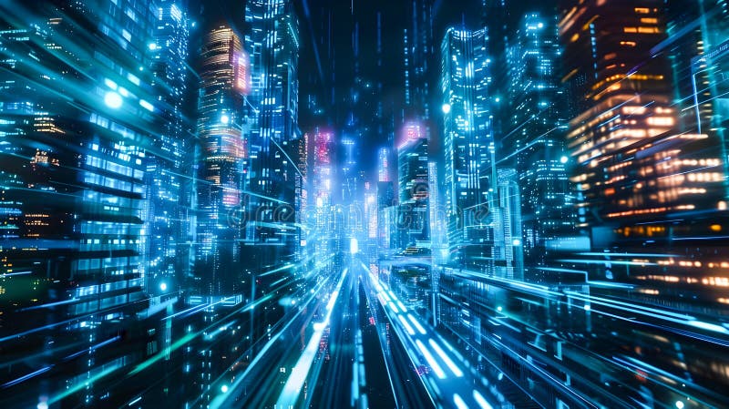 Futuristic Digital City Night Concept with Blue Light Streaks Stock ...