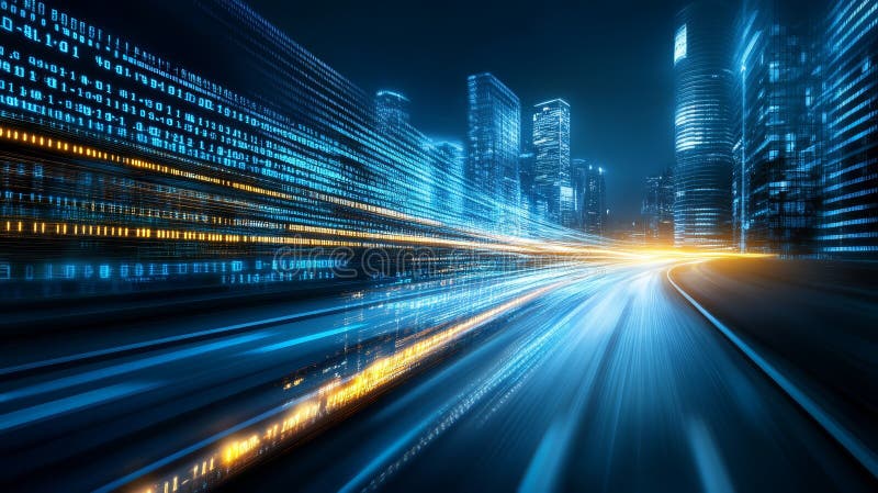 Futuristic Digital City with Speeding Data Streams Stock Illustration - Illustration of internet ...