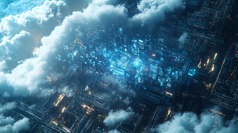 Futuristic Digital Cityscape Abstract Cloud Network Technology Blue Glowing Lines 3d Art Data ...