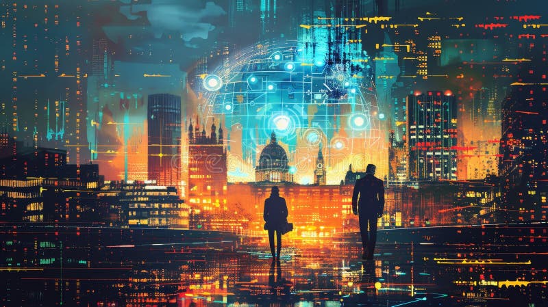 Futuristic Digital Cityscape with Abstract Technology Elements, Two ...