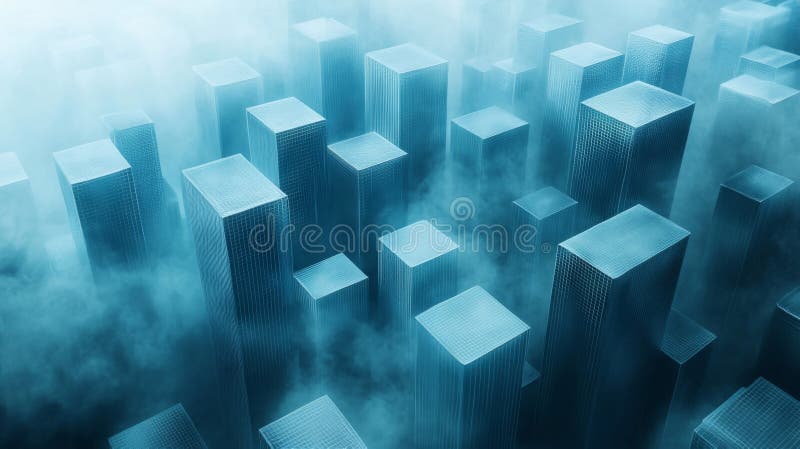 Futuristic Digital Cityscape with Blue Cubes in Fog Stock Illustration ...