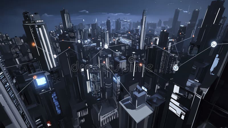 Futuristic Digital Cityscape with Interconnected Visuals Stock ...