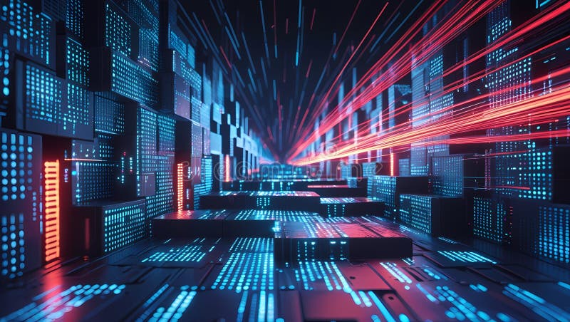 Futuristic Digital Cityscape with Glowing Binary Code on Vertical and ...