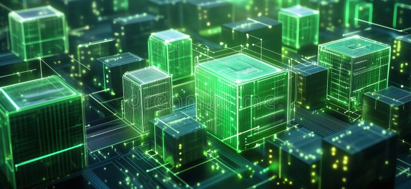 Futuristic Digital Cityscape with Glowing Green Data Blocks and Circuit ...