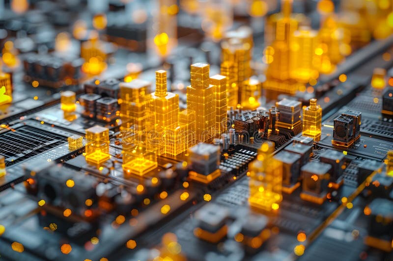 Futuristic Digital Cityscape with Glowing Orange Lights - High-Tech ...
