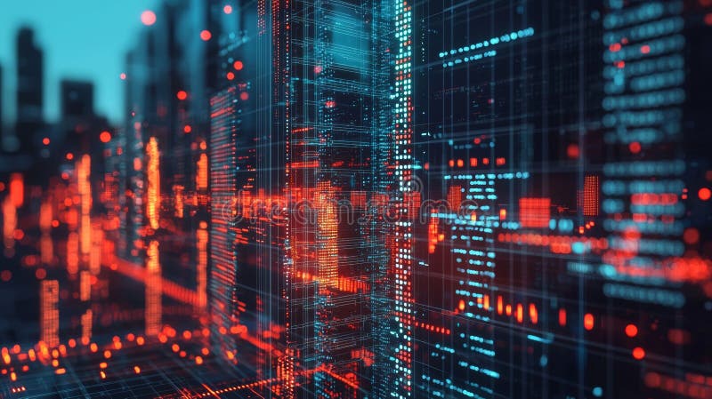 Futuristic Digital Cityscape with Glowing Red and Blue Data Streams Stock Photo - Image of data ...