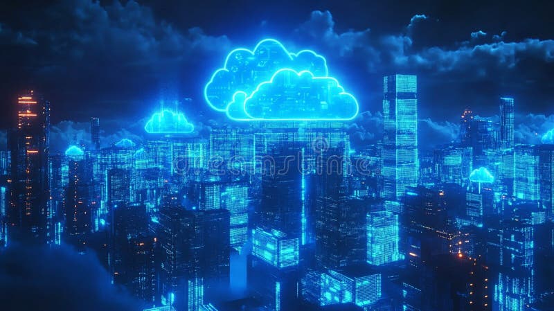 Futuristic Digital Cityscape Neon Blue Cloud Computing Network Data ...