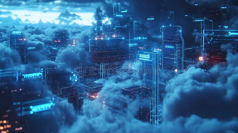 Futuristic Digital Cityscape Neon Lights Cloud Computing Network Data ...