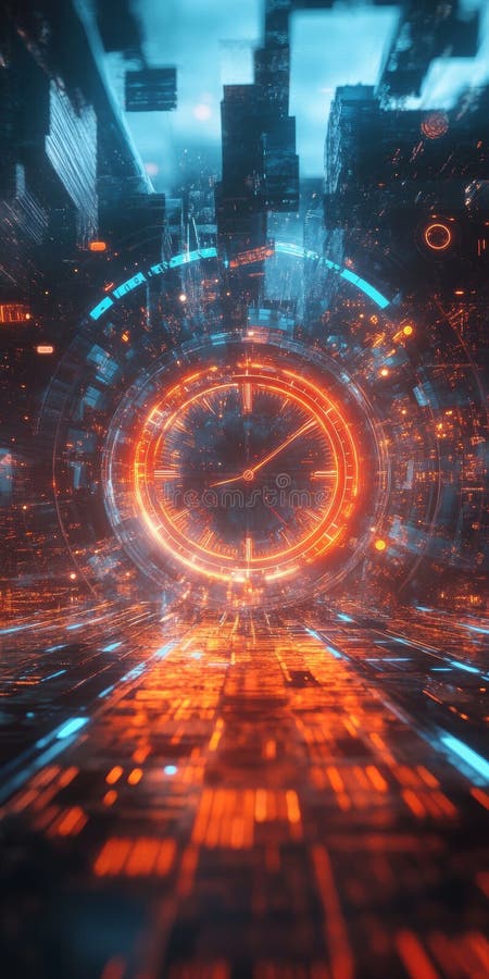 Futuristic Digital Cityscape with Neon Lights and Virtual Clock ...