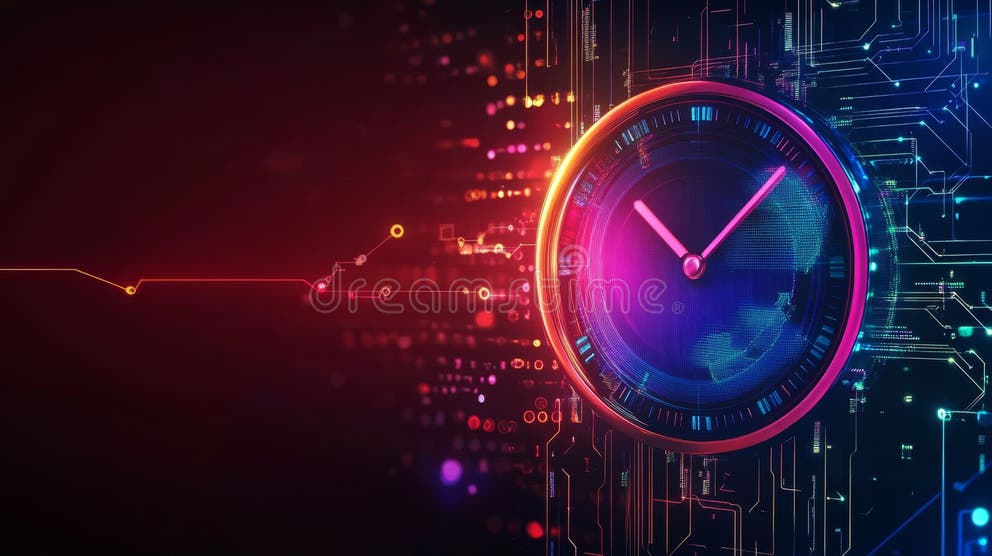 Futuristic Digital Clock on Glowing Circuitry Backdrop Stock Image ...