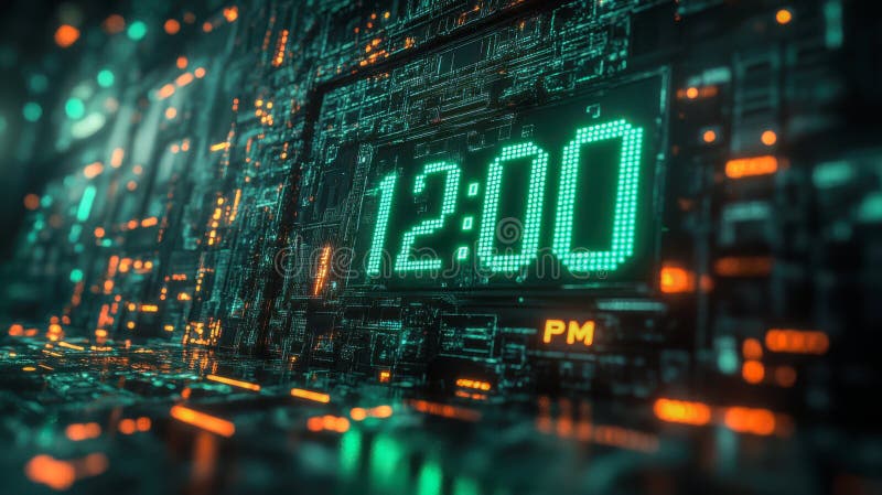 Futuristic Digital Clock Interface Displaying 12 Pm in Neon Colors ...