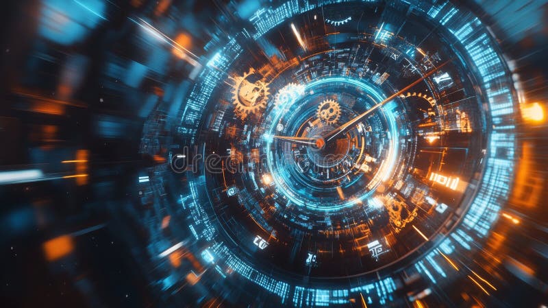Futuristic Digital Clock Rendering with Gears and Lights Stock ...