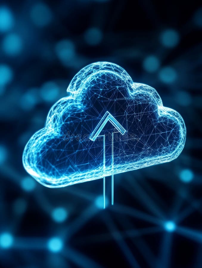 Futuristic Digital Cloud Computing Concept with Neon Glowing Upload Arrow Showcasing AI Powered ...