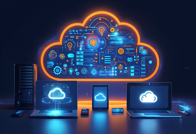 Futuristic Digital Cloud Concept with Glowing Devices Perfect for Tech ...