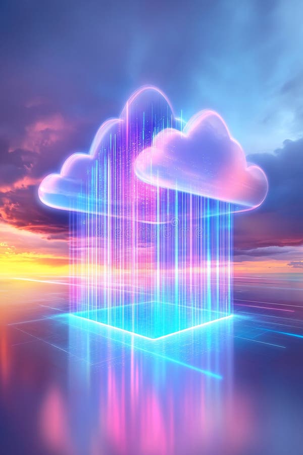 Futuristic Digital Cloud with Data Streams at Sunset, Conceptual ...
