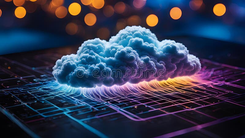 Futuristic Digital Cloud Emerging from Circuit Board, Multicolored ...