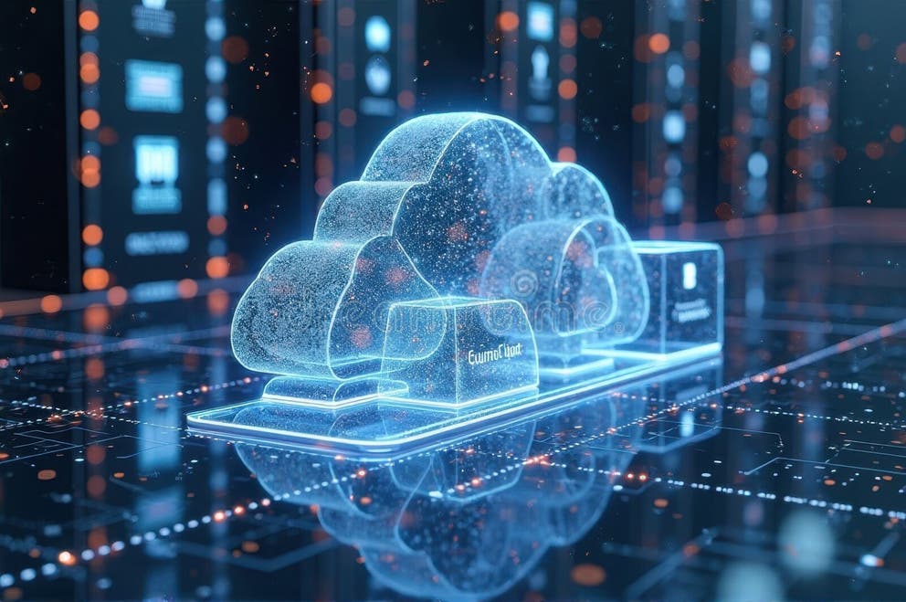 Futuristic Digital Cloud Network with Glowing Graphics and Data Flow Stock Illustration ...