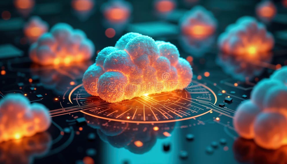 Futuristic Digital Cloud Server Illustration Glows with Vibrant Colors. Data Links Connect Cloud ...