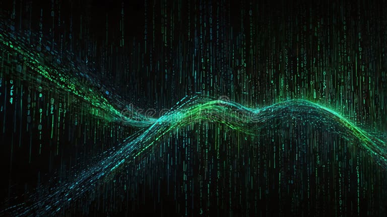 Futuristic Digital Code Rain with Glowing Green and Blue Binary Numbers ...