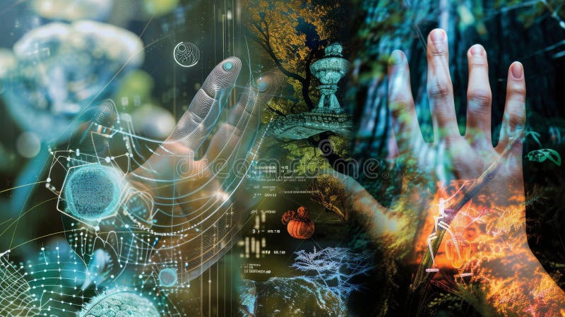 Futuristic Digital Collage Blending Hands, Nature, and Technology Stock ...