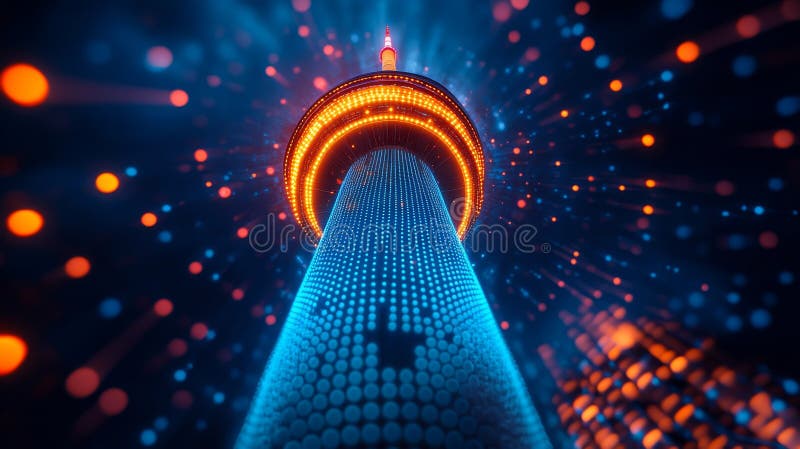 Futuristic Digital Communication Tower Illuminated Architecture in Blue ...