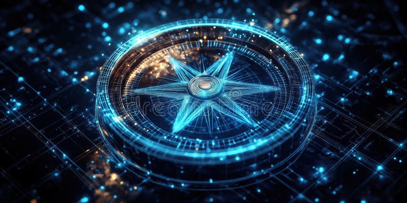 Futuristic Digital Compass with Glowing Blue Lines, Particles. Tech ...