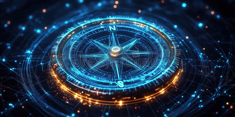 Futuristic Digital Compass Glows with Blue Lines, Particles. Tech ...