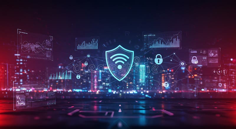 Futuristic Digital Concept Displaying a Shield Icon with a Wi-Fi Symbol ...