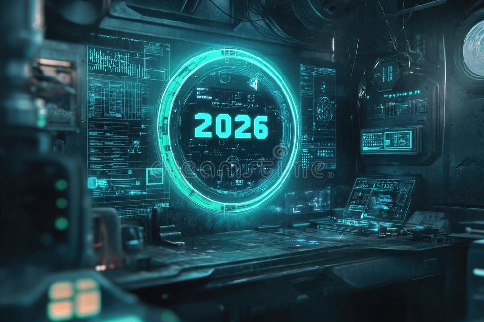 Futuristic Digital 2026 Concept Featuring High-tech Circuitry and Neon ...