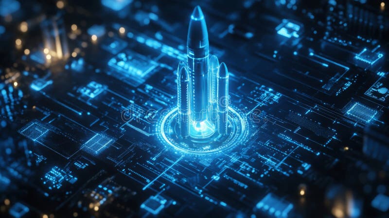 Futuristic Digital Concept of a Rocket Launch Pad Surrounded by Glowing ...