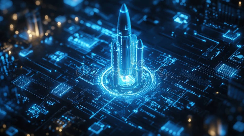 Futuristic Digital Concept of a Rocket Launch Pad Surrounded by Glowing ...