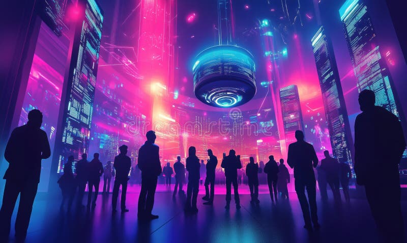 Futuristic Digital Conference with Silhouettes of Attendees in Vibrant ...